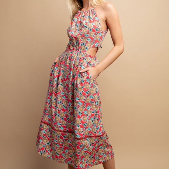 Dresses | Nwt Floral Print Ladder Trim Cut Out Waist Midi Dress With ...